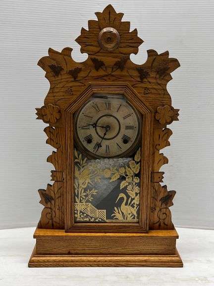 Antique oak gingerbread shelf clock, manufacture label: The Dove ...