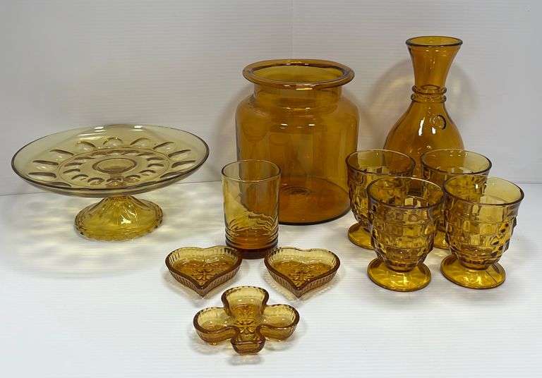 (11) Pieces of amber glass, some are hand blown, up to 8"H, good ...