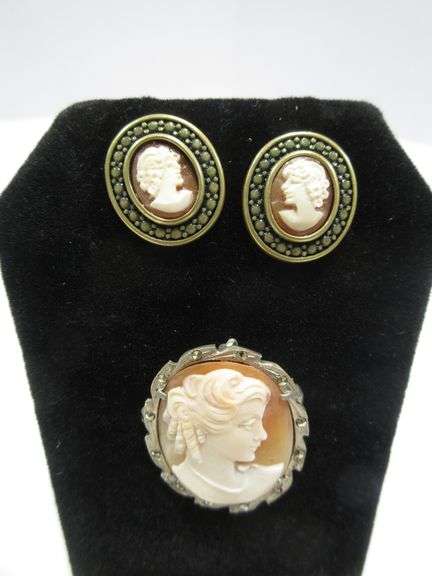 Hand carved shell cameos, 3- signed Amedeo, 1- antique sterling silver ...