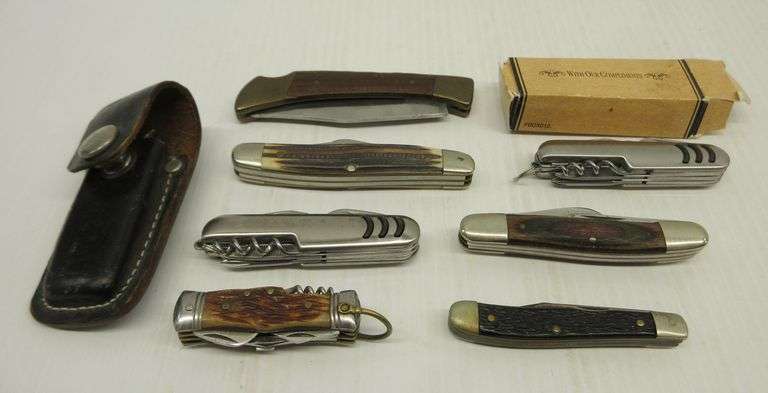 (8) Pocket knives, includes: Queens, Hibbard Spencer, small Mitsubishi ...