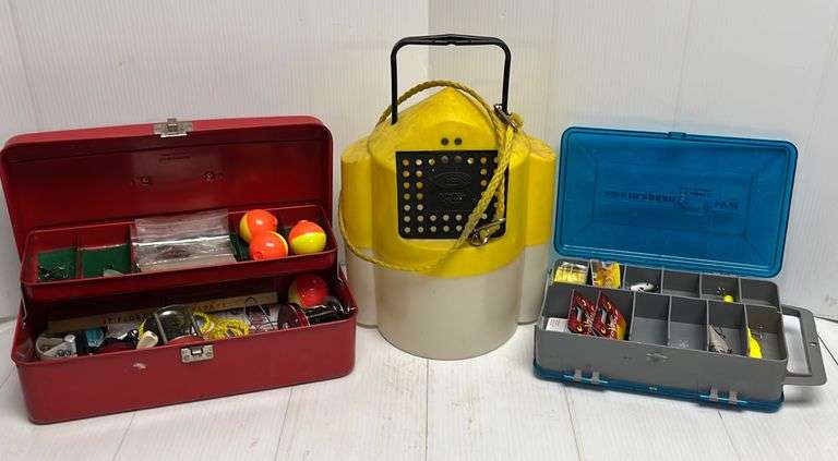 Red tackle box with assorted equipment, Blue box with lure, Yellow and ...