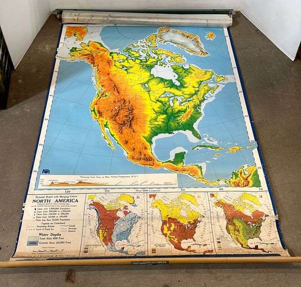Roll-down map of North America, political overlay pictorial relief map ...