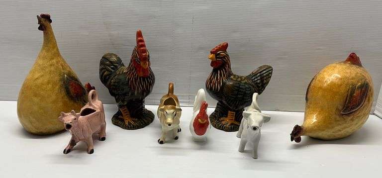 (3) Glass cows: 1- With original bell; (2) Glass chickens, 10" x 9 ...