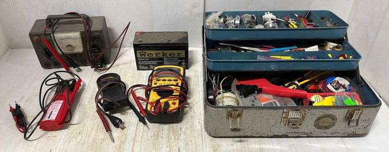 Electrical toolbox filled with assorted electrical hardware, wireguard ...