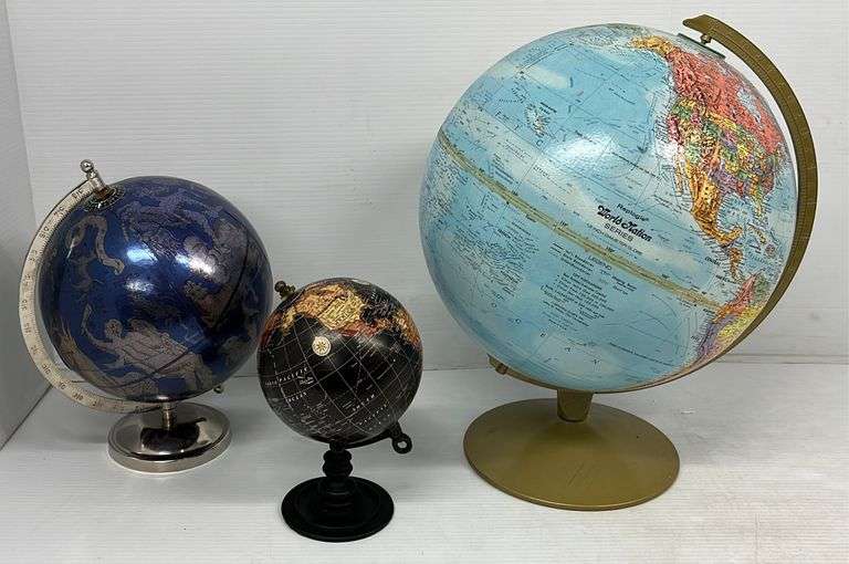 (3) World globes, includes: Large with gold stand, Small with black ...