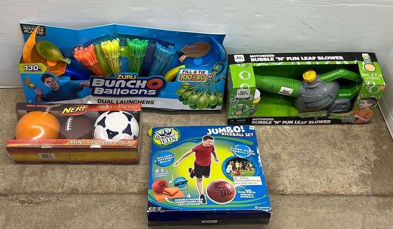 Bubble N' Fun leaf blower, Zuru-balloon launcher, Kick ball set, and ...