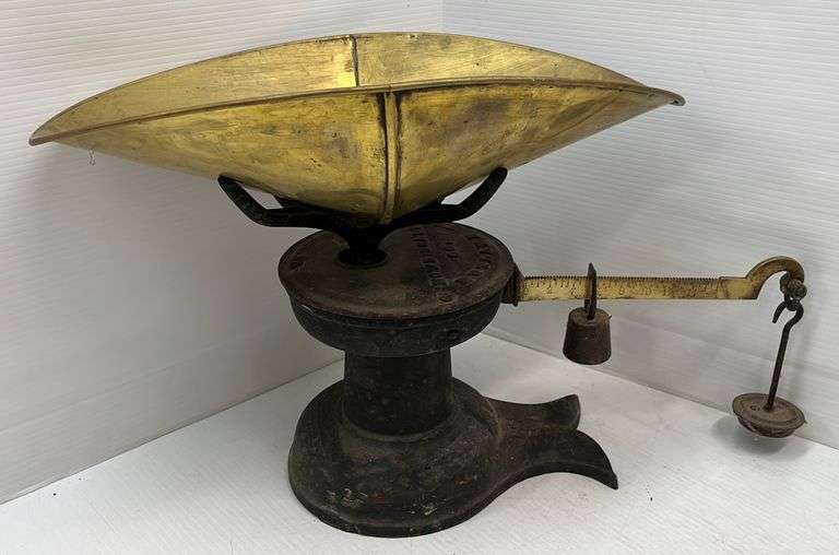 Antique Howe scale cast iron and brass with one weight, 21"W overall ...