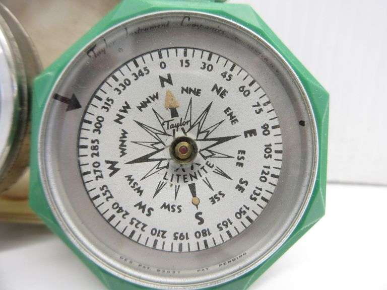 Compasses antique A. hunter in closing case, one taylor litenite, has a lock down, both of them ...