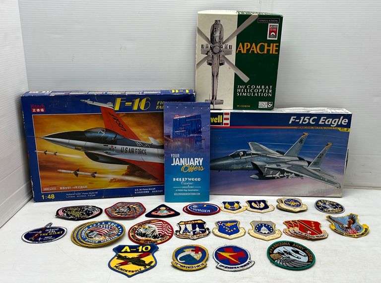 (2) Jet fighter models, F-15 and F-16; Apache combat helicopter ...