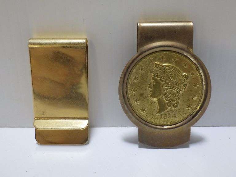(2) Gold plated money clips: 1- plain, 1- has copy of 1854 coin, up to ...