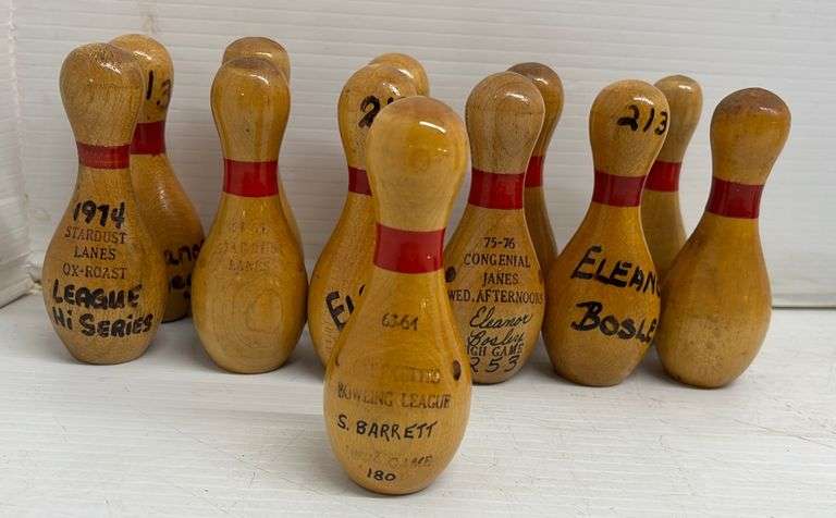 (12) Vintage bowling pins from 1970s, some writing on them, awards ...