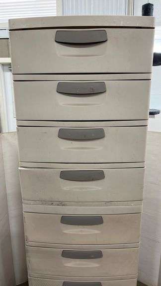 (2) Large plastic Sterilite 4-drawer storage units, 25 1/2"W x 19"D x ...