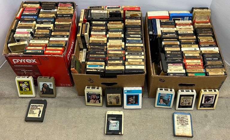 Three boxes of (400) 8-Track tapes, includes: Rock 'N Roll, Jazz ...