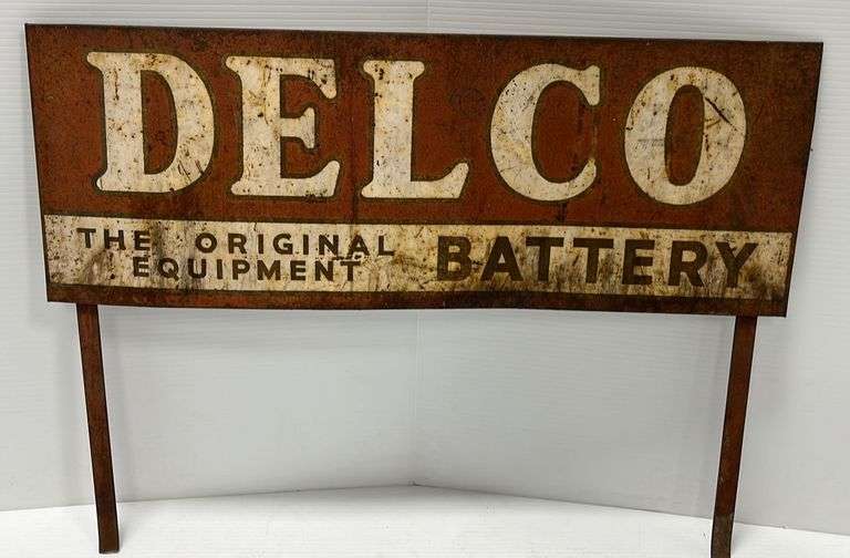 Older "Delco Battery" metal sign, 22"W x 15"H, rusty - Albrecht Auction ...