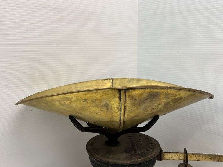 Antique Howe scale cast iron and brass with one weight, 21"W overall ...