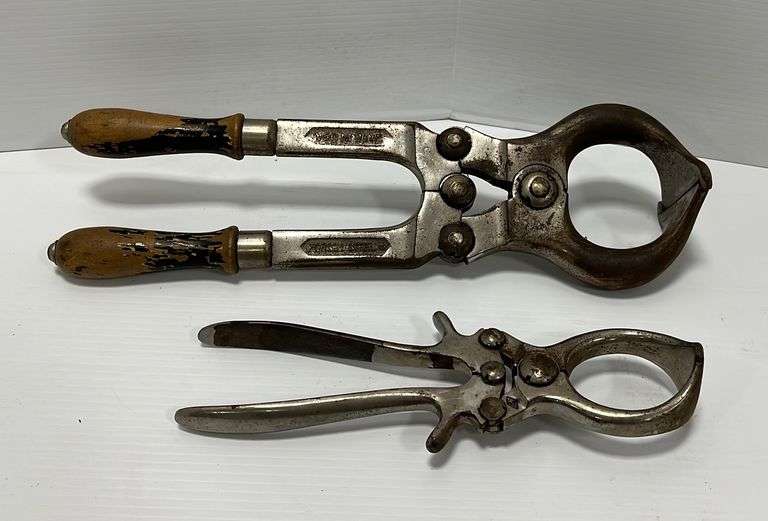 (2) Older livestock castration tools, forged steel, wooden and metal ...