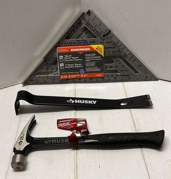 Husky steel rip claw hammer and 15" pry bar, (2) Swanson speed squares ...