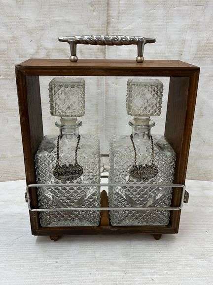 Antique English, 2 bottle Tantalus, bottles- 9 1/2" x 4", bottom to top ...