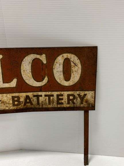 Older "Delco Battery" metal sign, 22"W x 15"H, rusty - Albrecht Auction ...