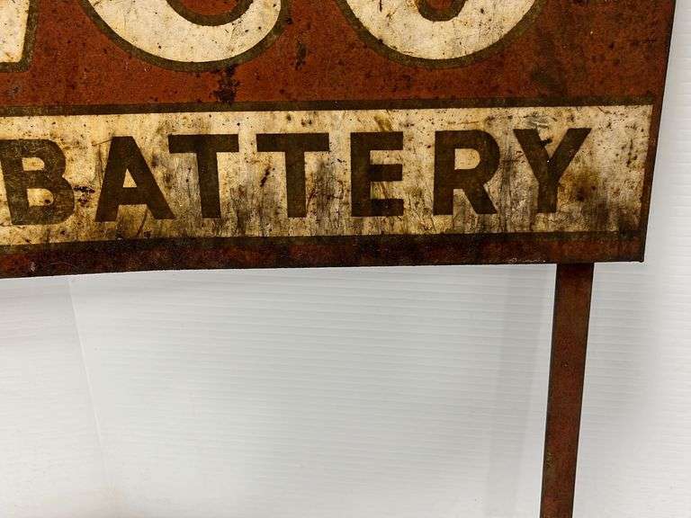 Older "Delco Battery" metal sign, 22"W x 15"H, rusty - Albrecht Auction ...