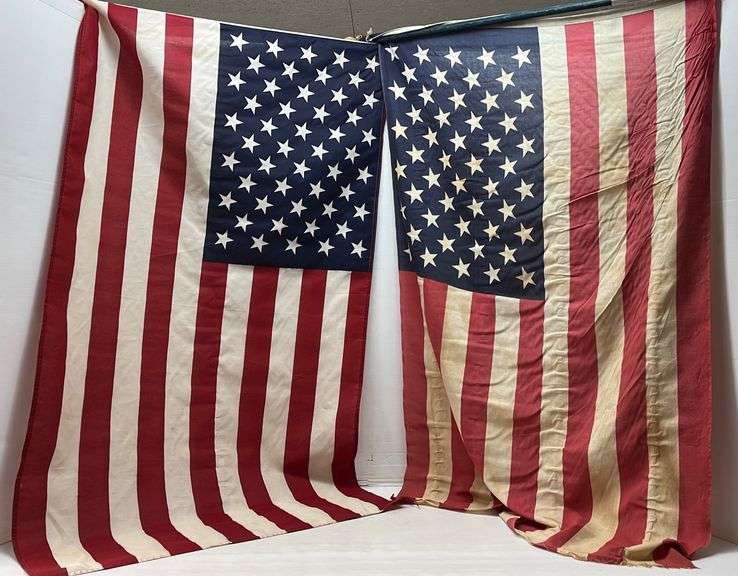 (2) Older cloth American flags with poles, up to 74 1/4"H - Albrecht ...