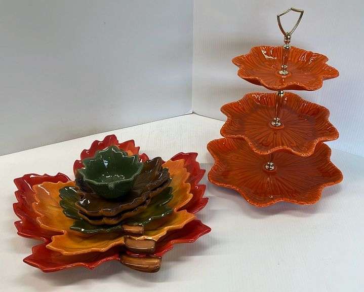 Three-tier tidbit orange serving tray, set of (6) leaf shape plates ...