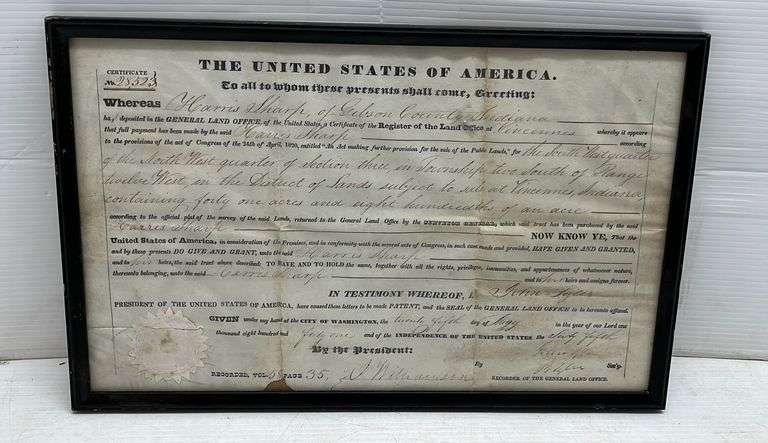 Antique land deed, dated 1841, has signature signed President of the ...