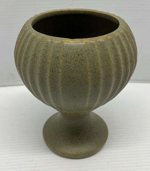 Mid-century modern McCoy Floraline ribbed olive green pedestal vase, No ...