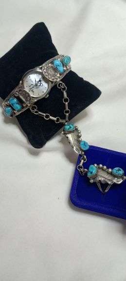 Authentic and signed Navajo Harry B. Yazzie cuff and ring watch combo ...