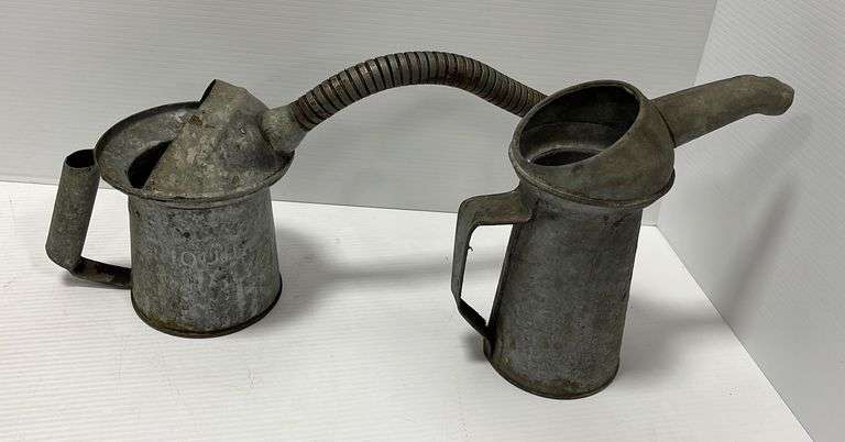 (2) Older 1-quart galvanized gas station oil filled pitchers, from the ...