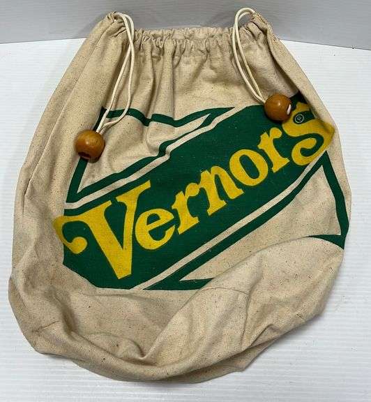 Vernors canvas drawstring bag with wooden toggles, circa 1980s, 16 1/2 ...