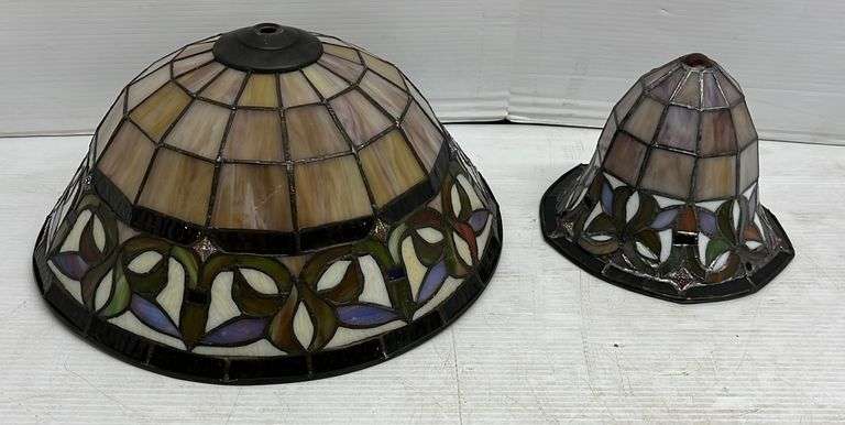 (2) Handmade stained glass light covers, large one has a small cover on ...