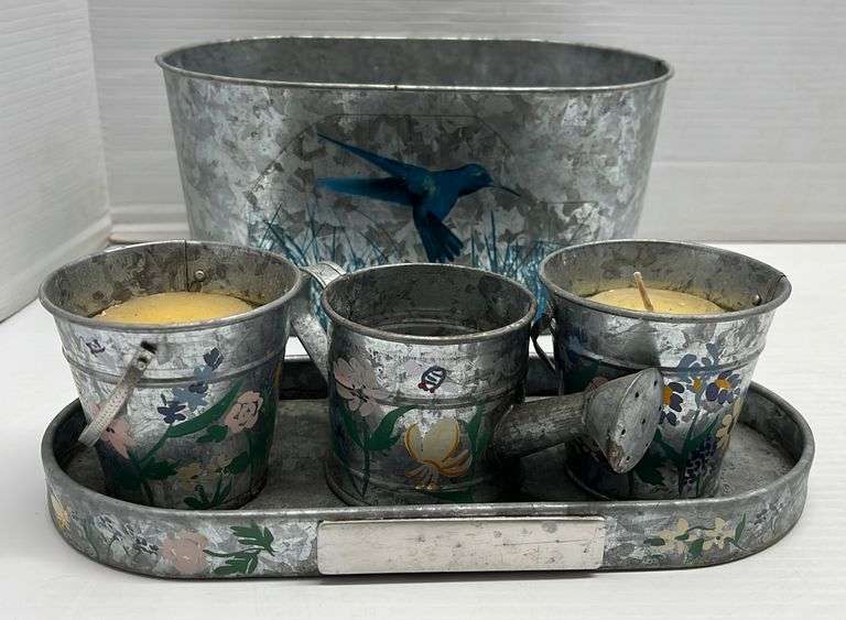 (5) Piece outdoor decor, includes: Bucket candles, mini watering can ...