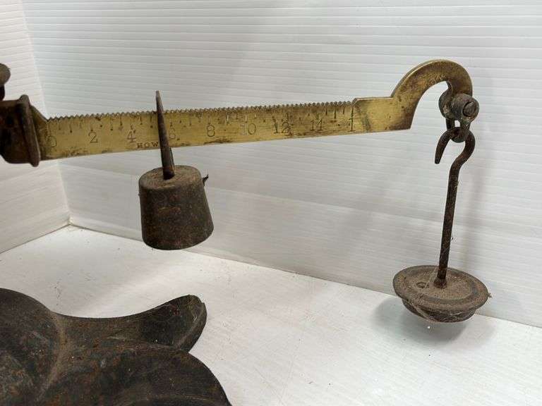 Antique Howe scale cast iron and brass with one weight, 21"W overall ...