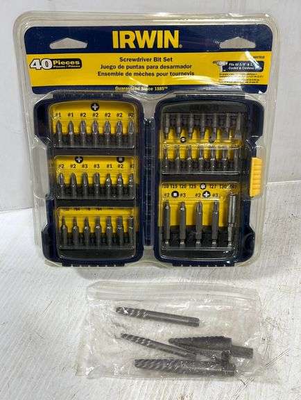 Irwin 40-piece screwdriver set, new; (3) Easy outs, and (1) Unibit step ...