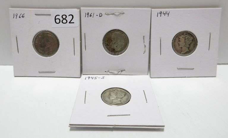 1944, 1945-S Mercury silver dimes and 1961-D and 1966 Roosevelt dimes ...