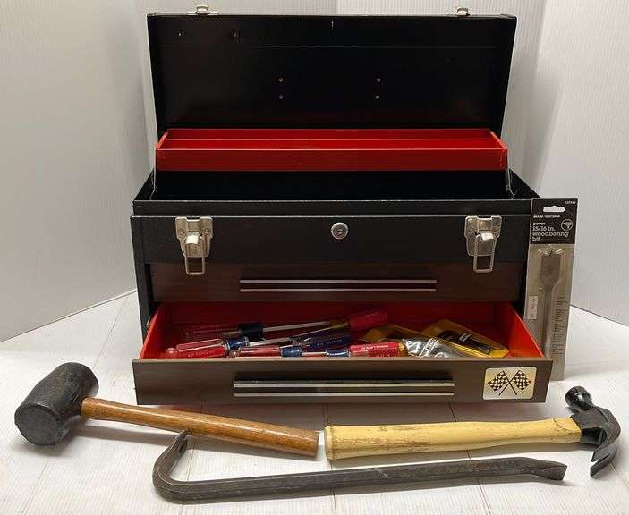 Craftsman metal toolbox with wood boring bit, pry bar, hammer, crescent ...