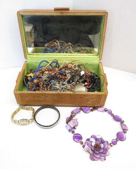Untested jewelry in an antique wooden jewelry box, 10 1/2"W, good ...