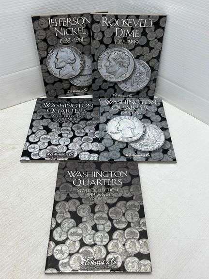 (5) Coin books, includes: 3- Quarter books, 1- Roosevelt book dime, and ...