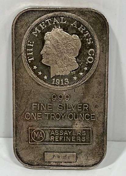 1913 One Troy oz. .999 fine silver bar, The Metal Arts Company Assayers ...