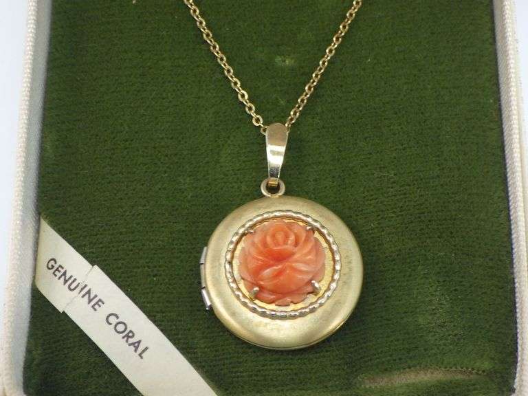 Vintage Krementz coral and gold locket necklace, 14K gold overlay with ...