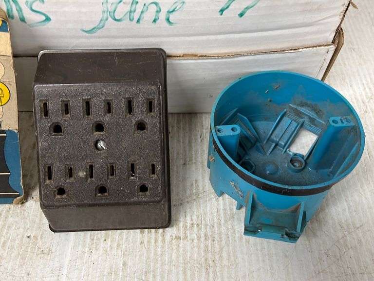 Box with various electrical parts, outlet/light boxes, plugs, switches ...