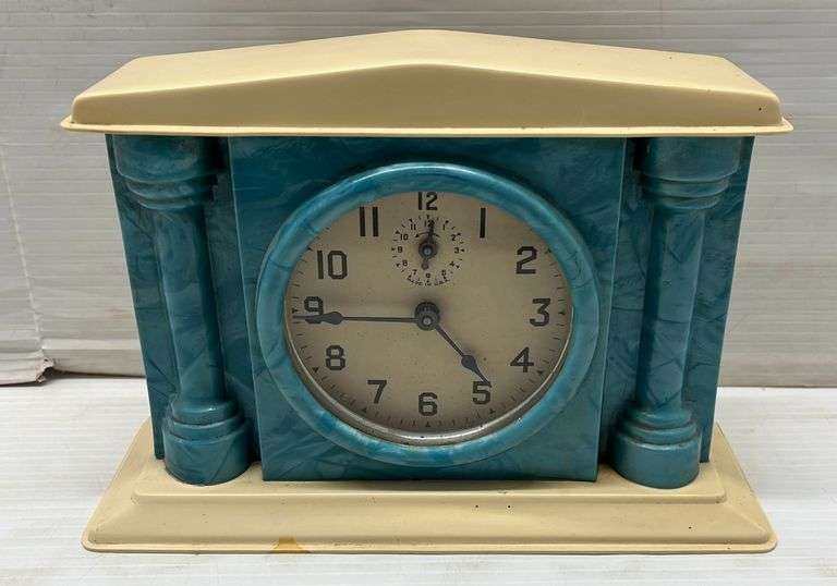 Colonial style celluloid alarm clock, 8"W x 3"D x 6"H - Albrecht ...