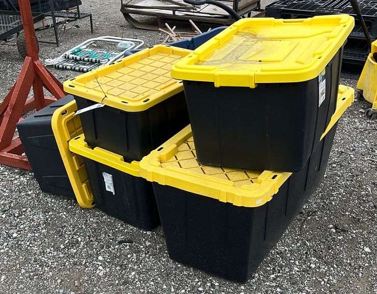 (5) Yellow top totes, include: Three- 27-Gallon, One- 17-Gallon, and ...