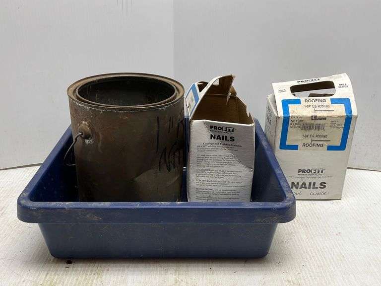 Assorted roofing nails, includes: Bucket, (2) Boxes, and Paint can, all ...