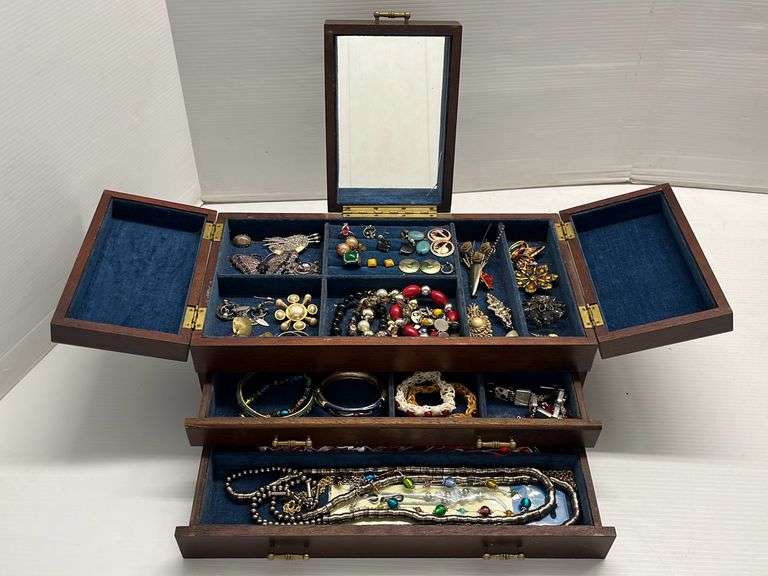 Jewelry box full of various jewelry, 15"W x 8"D x 6 3/4"H, nice; Except ...