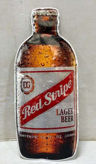 "Red Stripe Lager Beer" sign, metal, 24"H x 10"W - Albrecht Auction Service
