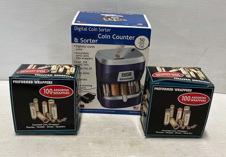 Electronic coin counter and wraps, NIB - Albrecht Auction Service