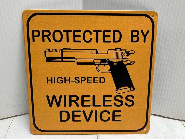 "Protected by High Speed Wireless Device" modern metal sign, 8" x 8 ...