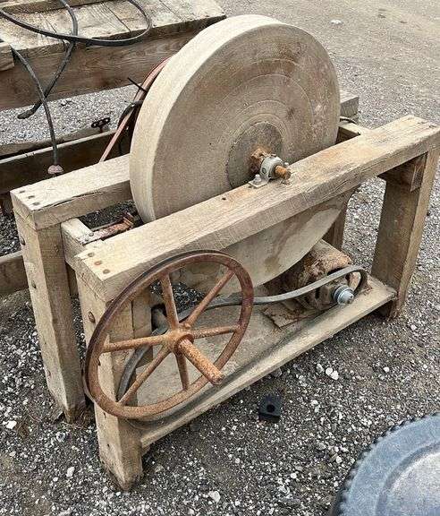 Grindstone, set up and ready to use, has running electric motor, 36"W x ...